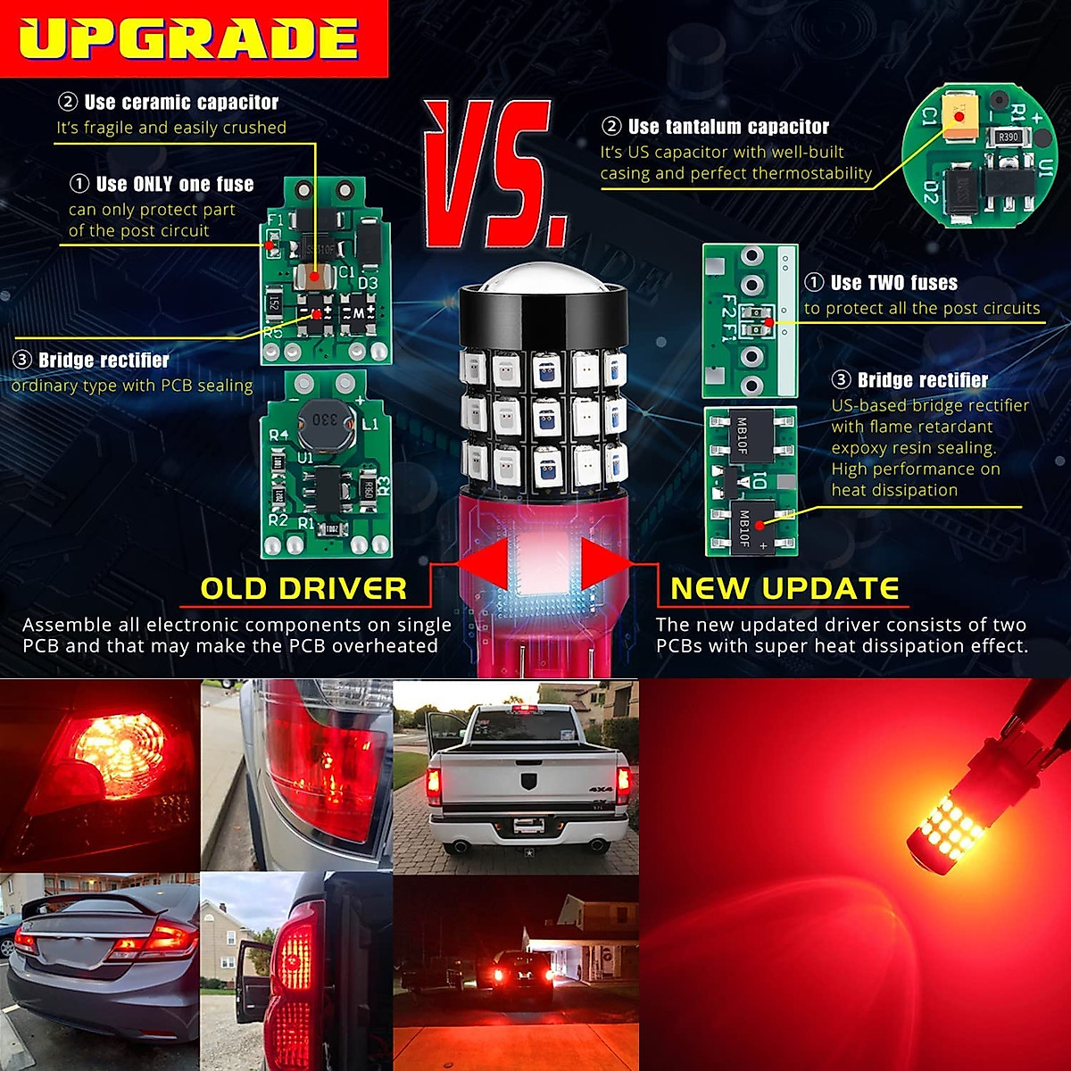 Alla Lighting Newly Upgraded 7440 7443 LED Brake Stop, Tail, Turn Signal Lights Bulbs, Red T20 Wedge 7444 7440LL 7443LL W21W 992 Super Bright 2835-SMD Replacement