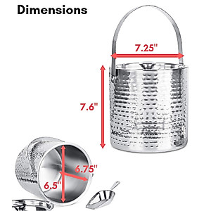 BirdRock Home Ice Bucket with Scoop & Lid - 2.8 Liter Hammered 18/8 Stainless Steel Container for Bar - Double Wall Insulated Bucket with Carrying Handle - Great for Parties - (Silver)