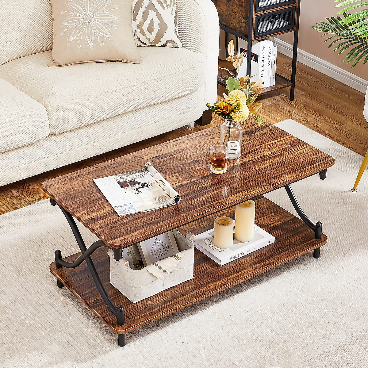 VECELO Coffee Table with Storage and Open Shelves for Living Dining Room 39-Inch, Modern Rectangle & Industrial Design, X-Shape Frame, Brown