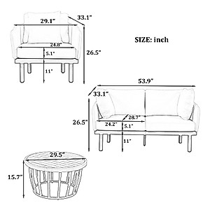 Merax 4-Piece Outdoor Patio Furniture Set with Acacia Wood Round Conversation Coffee Table, Comfy Loveseat and 2 Armchairs, Outside Sectional Sofa & Solid Iron Frame for Backyard, Poolside, Gray