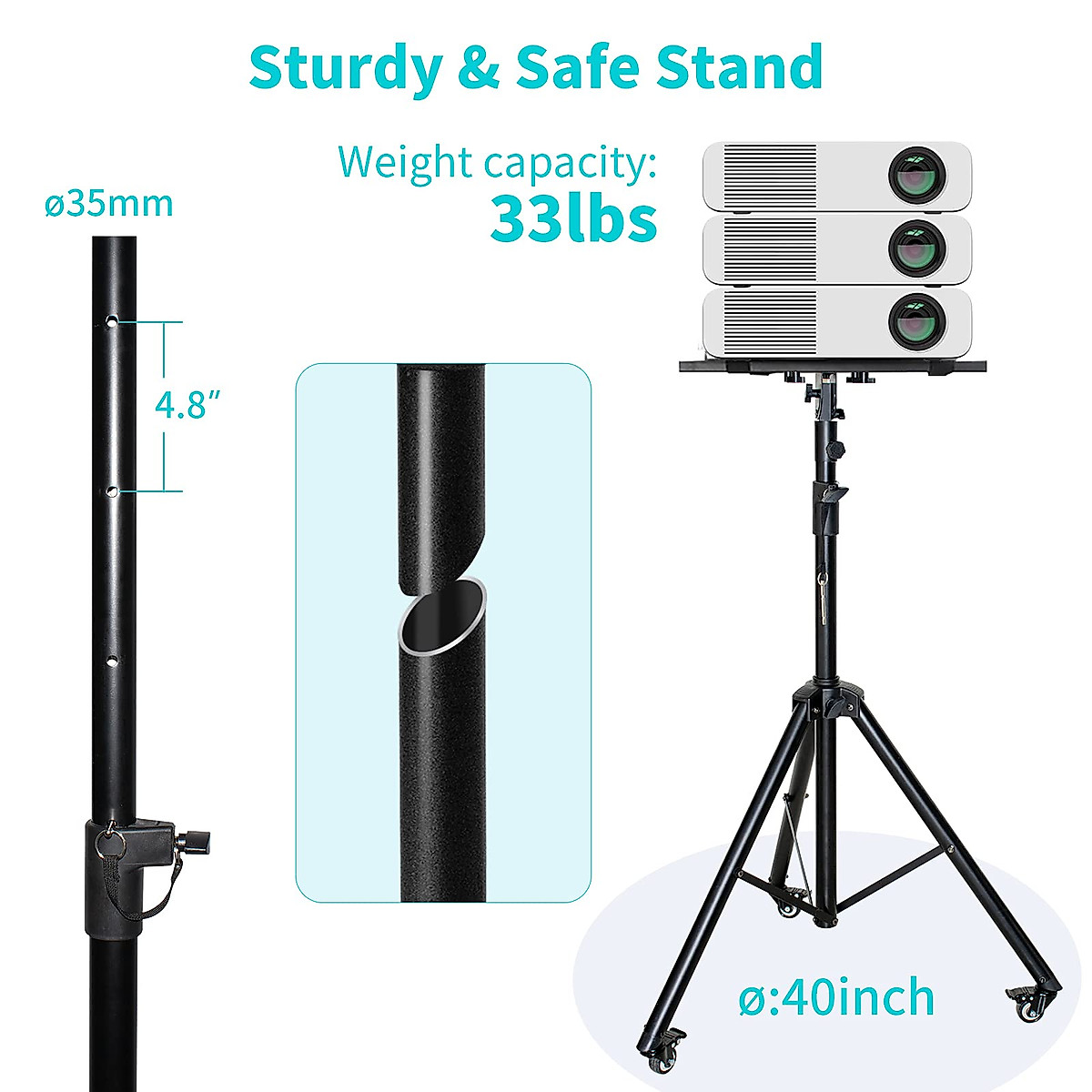 Projector Stand, Sturdy Durable Metal Laptop Tripod Stand with Wheels, Folding Floor Tripod Stand with Tray, Adjustable Height Portable DJ Equipment Stand for Indoors and Outdoors (43 Inch - 73 Inch)