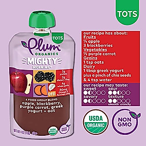 Plum Organics Baby Food Pouch | Mighty 4 Blends | Apple, Blackberry, Purple Carrot, Greek Yogurt & Oat | 4 Ounce | 12 Pack | Organic Food Squeeze for Babies, Kids, Toddlers