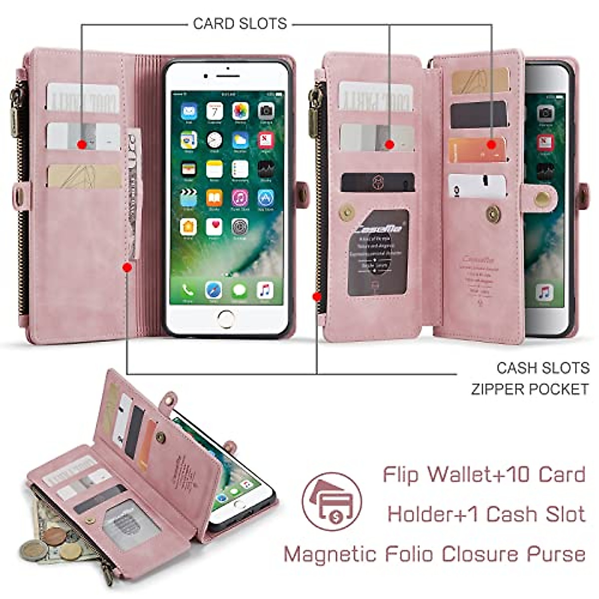 Defencase for iPhone 8 Plus Case, iPhone 7 Plus Case, iPhone 8 Plus Wallet Case for Women Men, Durable Leather Strap Zipper Card Holder Wallet Phone Case for iPhone 7 Plus & iPhone 8 Plus, Rose Pink