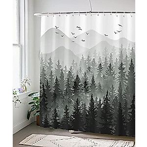 Accnicc Black and White Misty Forest Shower Curtain Set Grey Gray Ombre Waterproof Fabric Shower Curtains Nature Tree Mountain Woodland Decorative Bathroom Bath Curtain Decor (72'' × 72'', Black)