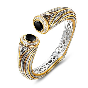 UNY JEWEL Jewelry Multi Strand Twisted Wire Cable Inlay 12mm CZ Vintage Antique Two Tone Elegant Designer Inspired Unique Spring Open Cuff Bangle (Black)