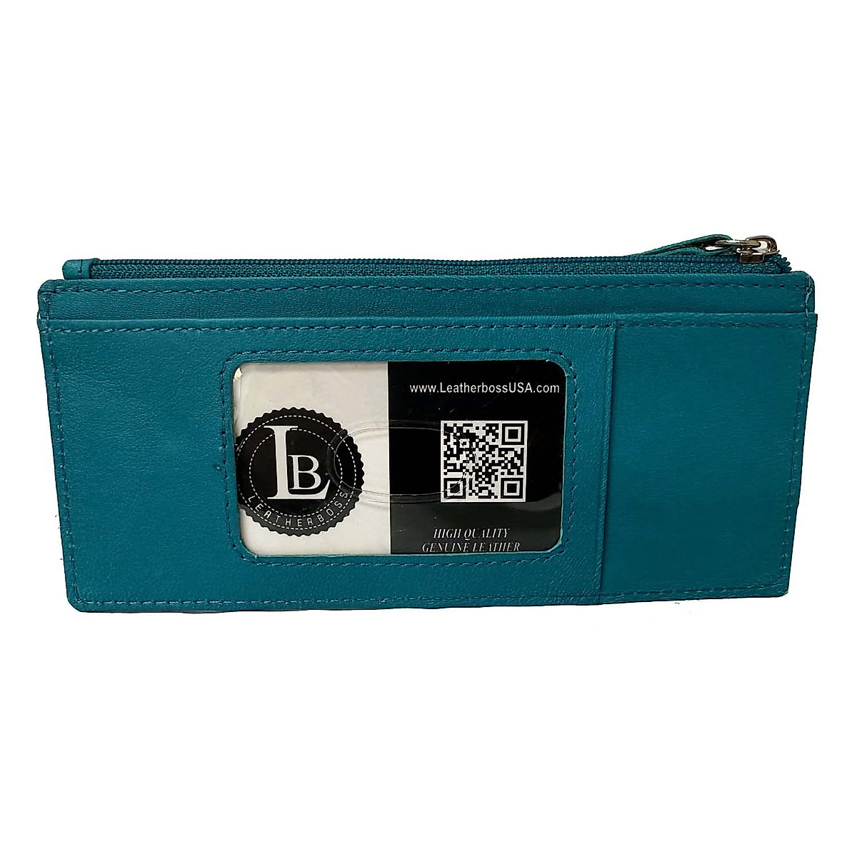 Leatherboss Genuine Leather Women's All in One Credit Business Card Case Holder Slim Zipper Wallet With a Card Protection Strap, Teal Blue