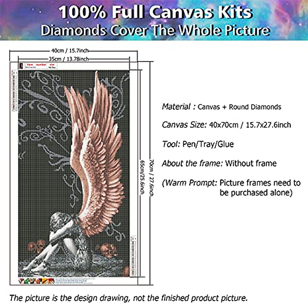 YALKIN Diamond Painting Kits for Adults, DIY 5D Diamond Painting Paint Angel Wings by Number with Gem Art Drill Diamond Painting Kits for Kids for Home Wall D cor 15.7x27.56inch