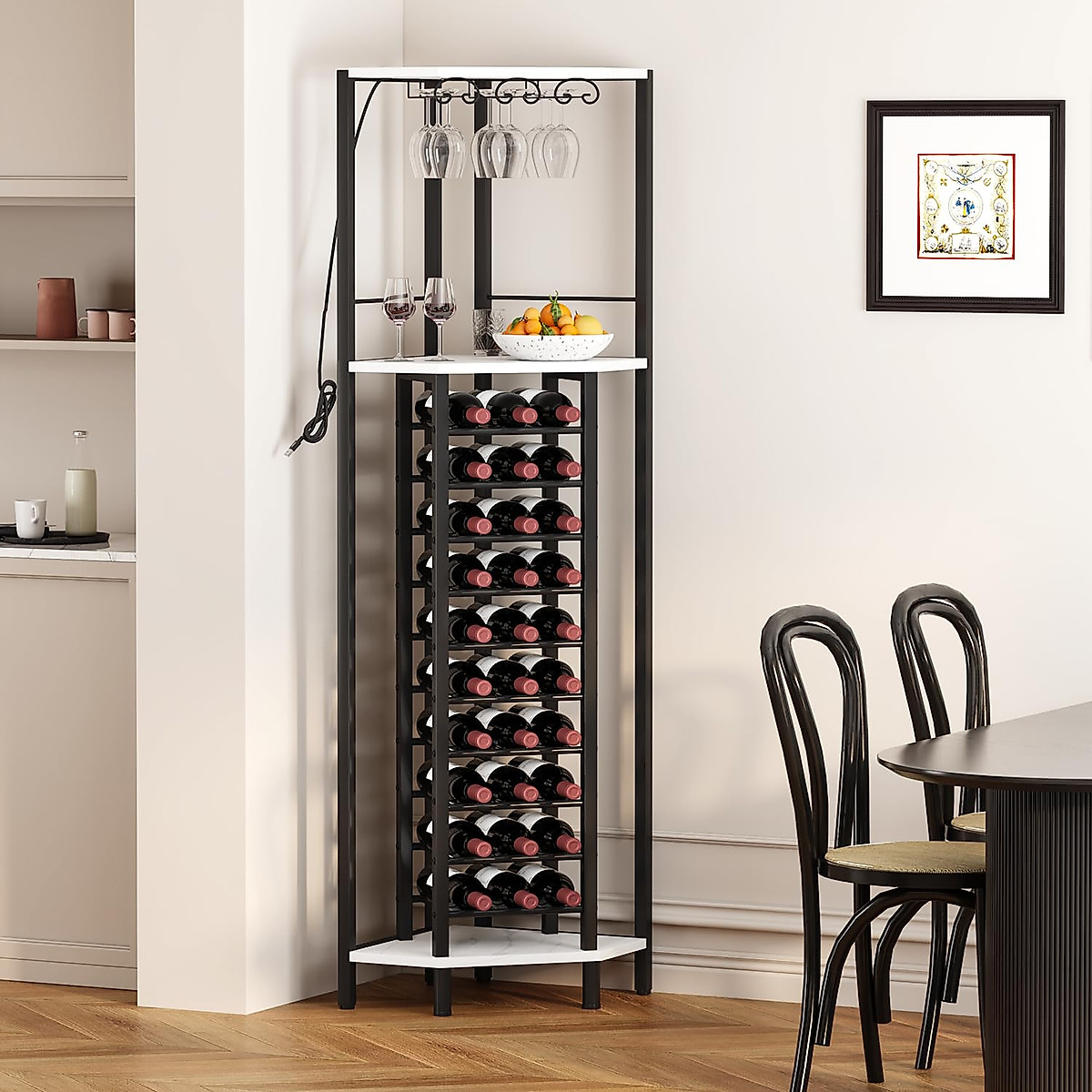 Homeiju Corner Wine Rack with Glass Holder and Led Strip Light, Corner Bar Wine Racks Free Standing Floor, Industrial Corner Bar Cabinet for Kitchen, Dining Room, Living Room or Cellar