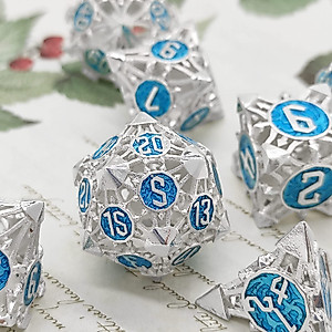 AHDKEJG Metal DND Dice Set D&D Hollow Dungeons and Dragons Gifts Polyhedral D20 Sided Dice RPG MTG Table Games Pathfinder Accessories Role Playing 7pcs D20 D12 D10 D% D8 D6 D4-Silver Blue