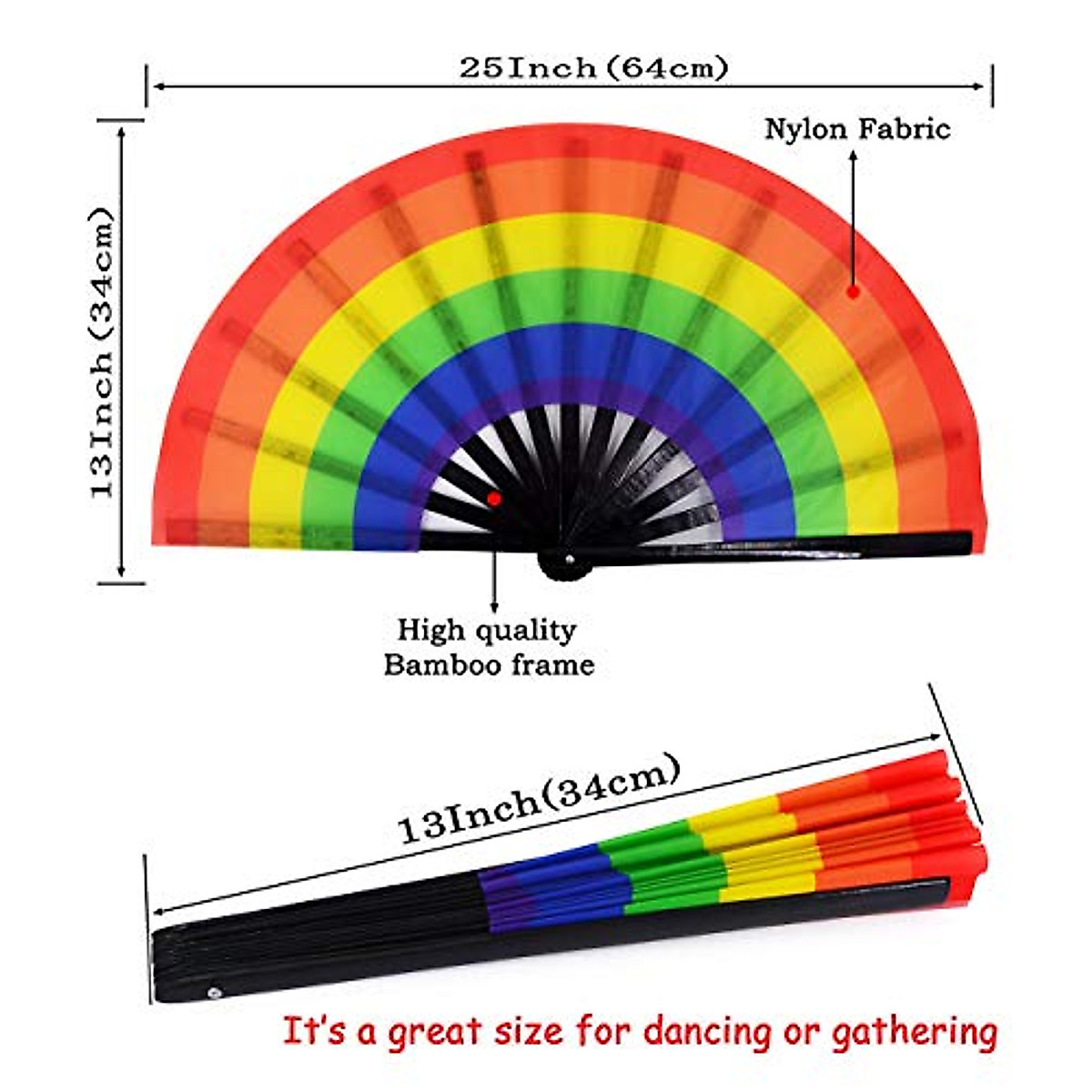 Amajiji Large Folding Hand Rave Fan for Women/Men, Chinease/Japanese Bamboo and Nylon-Cloth Folding Hand Fan, Hand Fan Festival Fan Gift Fan Craft Fan Folding Fan Dance Fan (Rainbow)