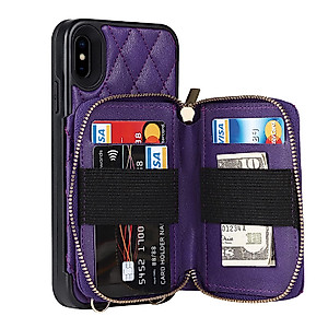 ShunJieTech for iPhone Xs Max Case,for iPhone XSMax Wallet Case with Card Holder,Crossbody Chain Purse Wrist Handbag Strap Leather Cover Case [Card Slots][Coin Zipper Pocket](6.5")-Purple