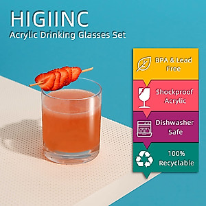 HIGIINC 12oz Plastic Drinking Glasses Set of 6, Dishwasher Safe Reusable Plastic Water Tumblers, Durable Whiskey Drinkware Cups Set, Shatter-Proof, Drinking Cups Suitable for Party, Kitchen