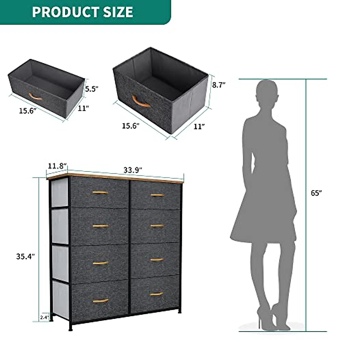 YITAHOME Dresser for Bedroom, Tall Dresser with 8 Drawers, Storage Tower with Fabric Bins, Chest of Drawers for Closet & Living Room - Sturdy Steel Frame, Wooden Top (Dark Grey)