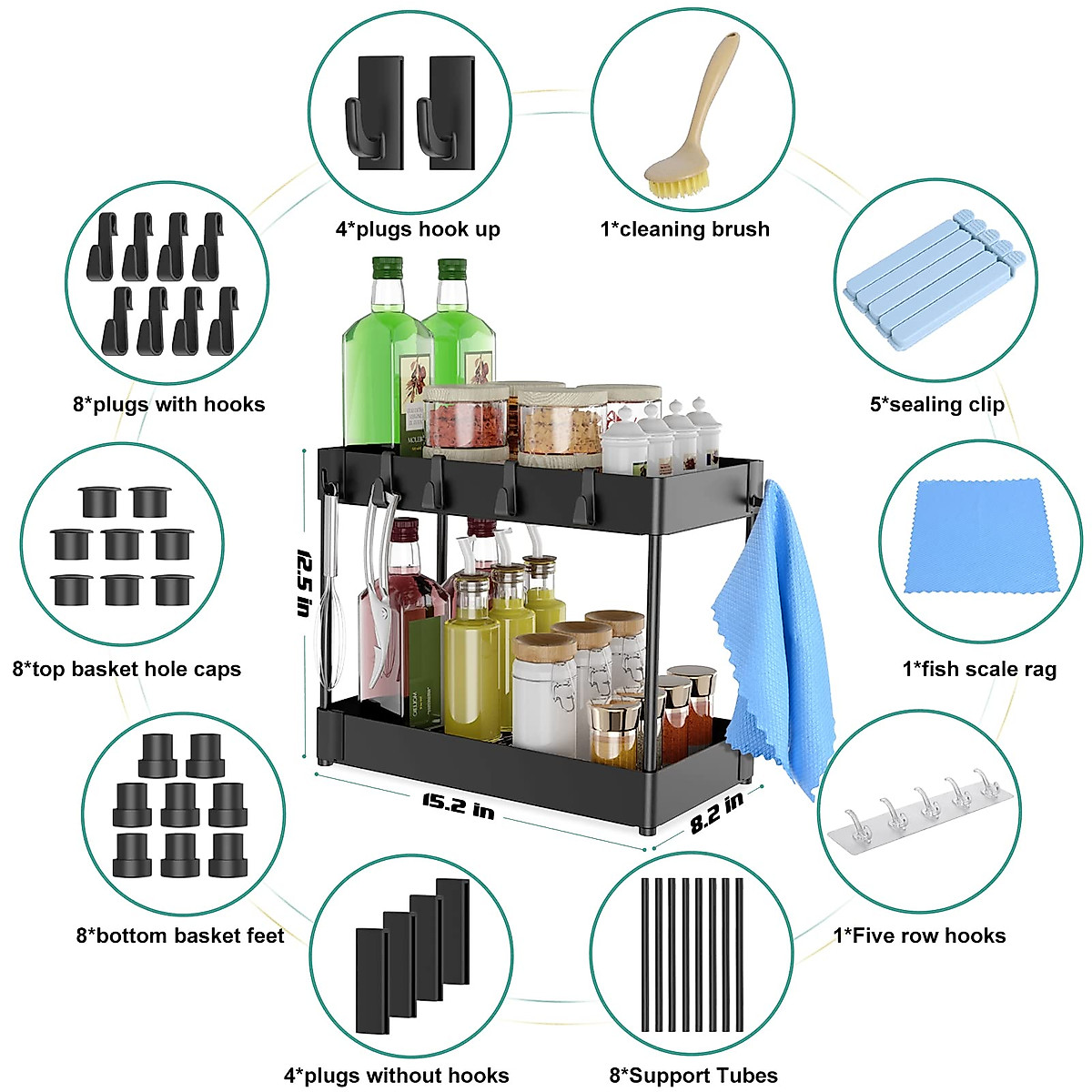 2-Pack Under Sink Organizer, Bathroom Organizer, Comes with 4 practical gifts, Cabinet Organizer, Suitable for Multifunctional storage rack for kitchens, bathrooms, countertops, and under counters