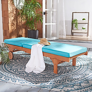 SAFAVIEH Outdoor Collection Newport Natural/ Aqua Cushion Built-in Side Table Adjustable Chaise Lounge Chair