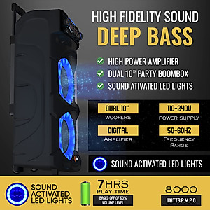 QAISE Portable PA System with Wireless Mic - Bluetooth Party Boombox Speaker & Karaoke Machine with Lights, Dual 10” Subwoofer, X-Bass & 8000 Watts Peak Power - SonicBoomer X-Dix