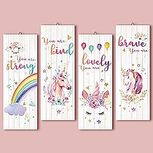 4 Pcs Unicorn Rainbow Motivational Wall Hanging Sign for Girls Children Room Wall Art Inspirational Quotes Wood Unicorn Hanging Plaque Bedroom Decorations for Baby Toddler Kids Teen