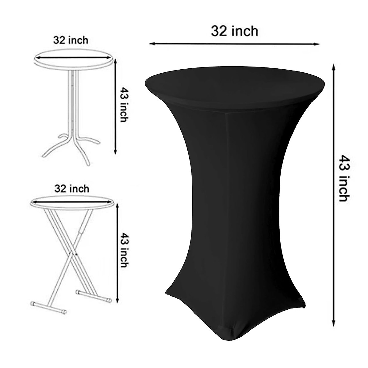 Antuen 4 Pack 32x43 Inch Black Spandex Cocktail Table Covers, Highboy Top Tablecloth, Round Fitted Tablecloth for Folding Table, Stretch Cocktail Table Tablecloth for Party Wedding(32x43, 4PC Black)