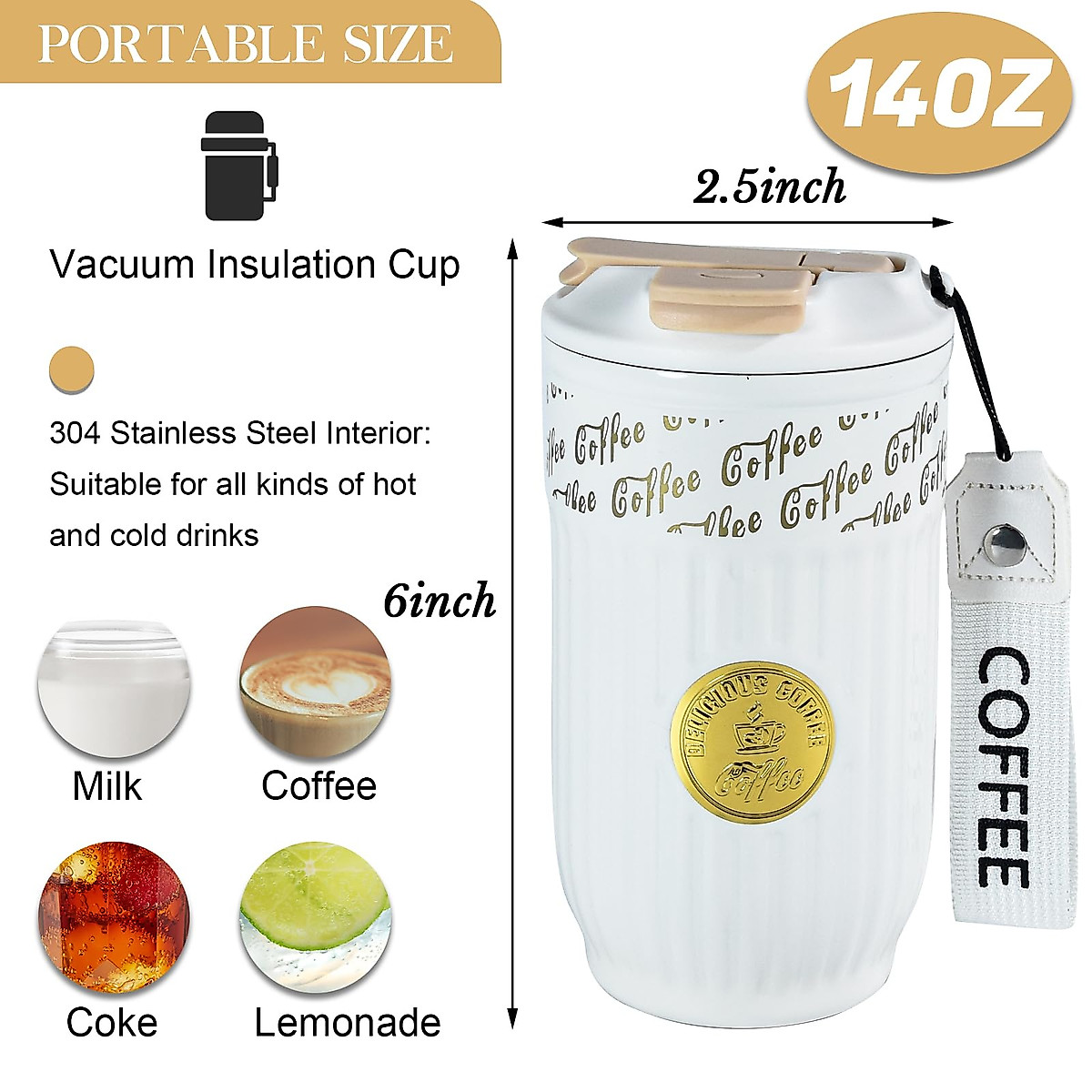 14oz Insulated Travel Tumblers with Lid and Straw, 2 Pack Travel Coffee Mug Stainless Steel Vacuum Thermos Cup, Leak Proof Reusable Cute Coffee Tumbler for Iced and Hot Drinks