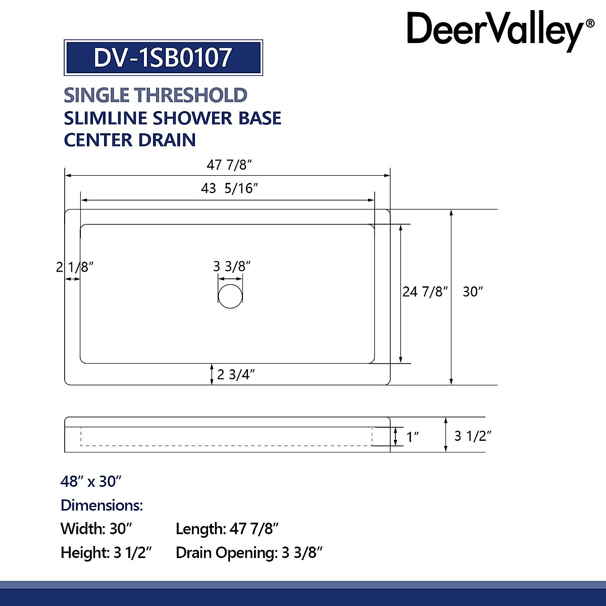 DeerValley DV-1SB0107 48"L X 30"W Shower Base in White with Single Threshold and Center Drain, Center Drain Location, Small Rectangle Acrylic Shower Pan, Non-slip Design