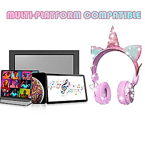 Unicorn Wireless Headphones for Kids,Cat Ear Bluetooth 5.0 Over Ear Headphones with Microphone for Cellphone/iPad/Laptop/PC/TV/PS4/Xbox One, Foldable Gaming Headset for Girls Teens Gift (pink)