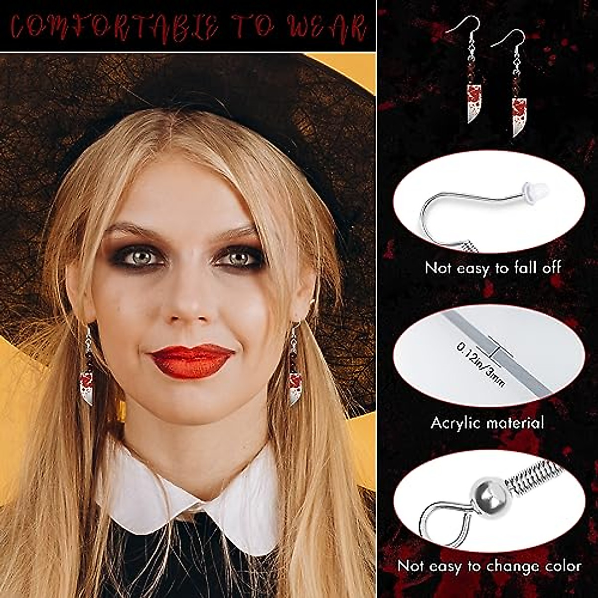 12 Pairs Halloween Earrings for Women Spooky Black Cat Witch Pumpkin Bloody Printed Knife Skull Ghost Spiderweb Boo Spider Drop Dangle Earring for Halloween Jewelry Set (Knife)
