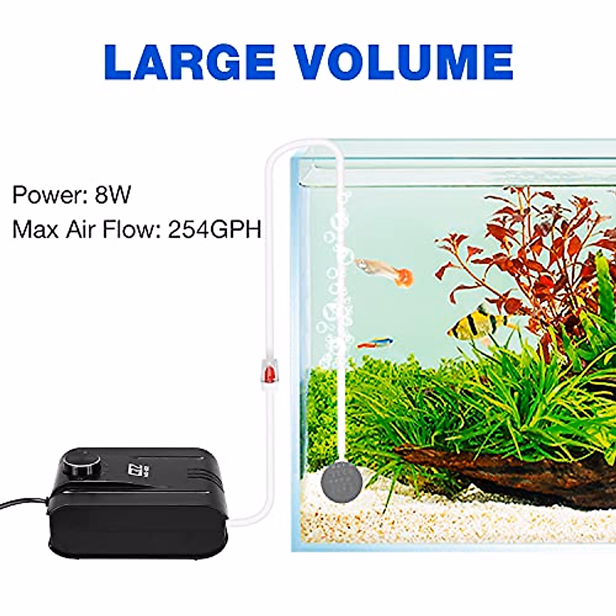 Aquarium Air Pump 4 Outlet, Lychee 254GPH 8W Quiet Oxygen Pump Fish Tank Aerator Pump with Check Valve Air Stone for Up to 300 Gallon Fish Tank