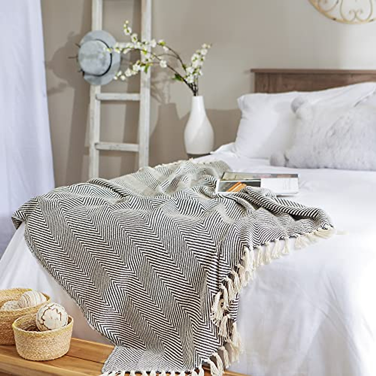 DII Rustic Farmhouse Cotton Chevron Blanket Throw with Fringe for Chair, Couch, Picnic, Camping, Beach, & Everyday Use, 50 x 60 - Urban Chevron Mineral