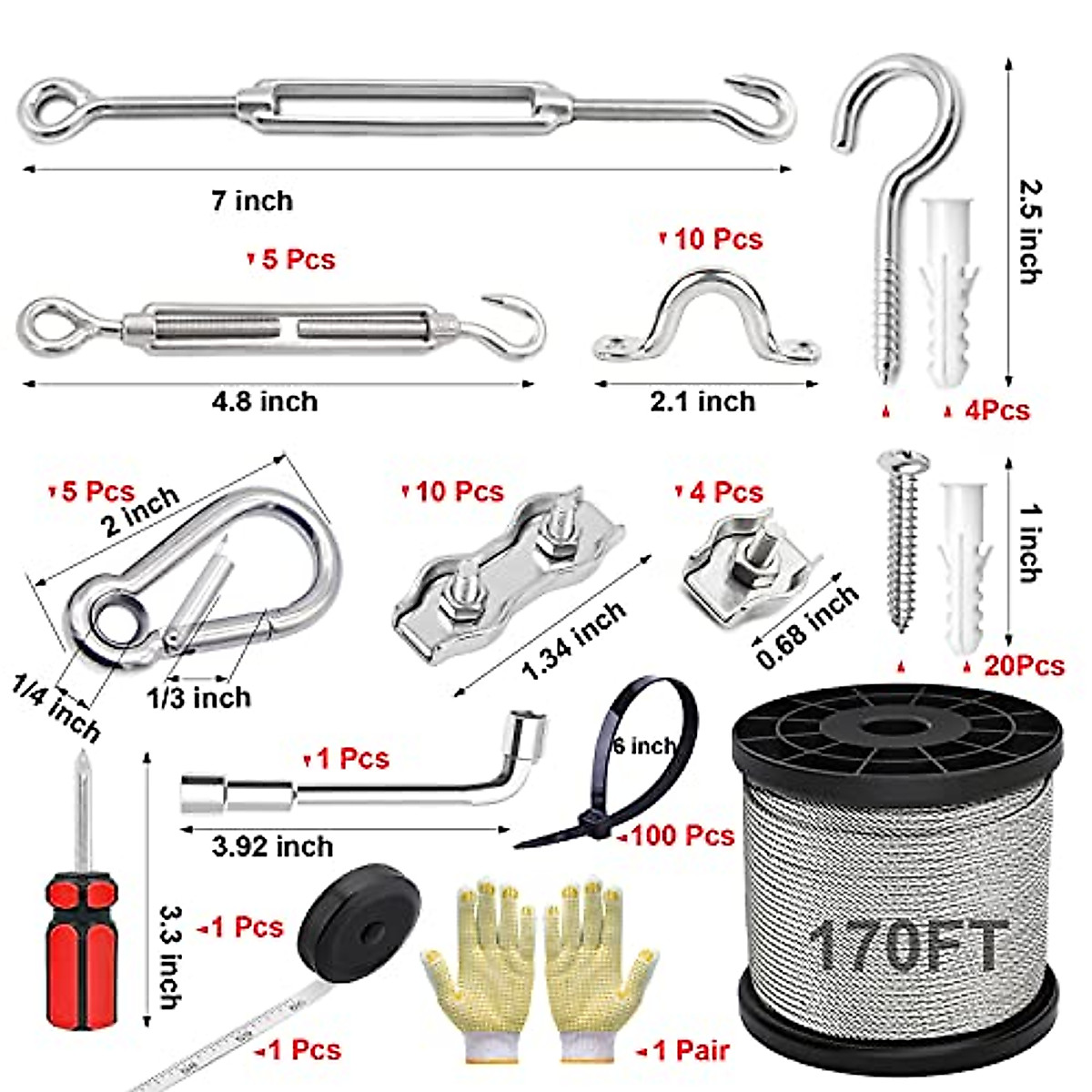 NQN 170FT Globe String Light Suspension Kit, Outdoor String Light Suspension Hanging Kit Guide Wire for Patio, Garden-Vinyl Coated 304 Stainless Steel Wire Cable, Turnbuckle, Hooks, Full Accessories