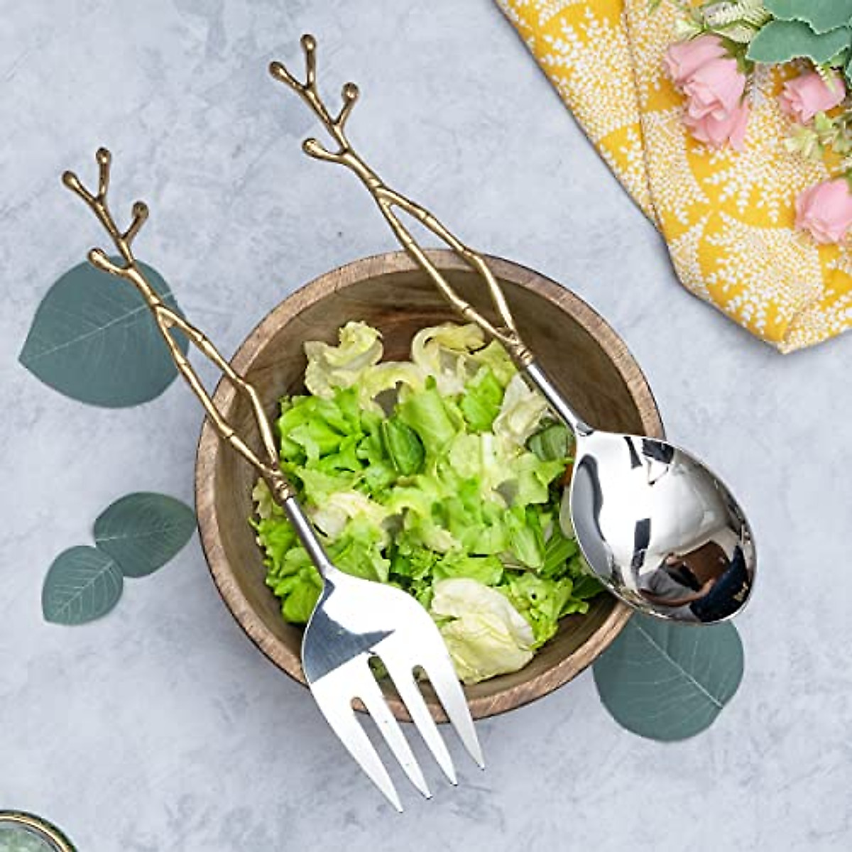 Twig Salad Servers Brass & Stainless Steel, Fork & Spoon Set Leaf Design, Two Tone Ideal for Weddings, Dinner Parties, Elegant Flatware, Housewarming Gifts, Stainless Steel Mirror Polished (Gold Twig)