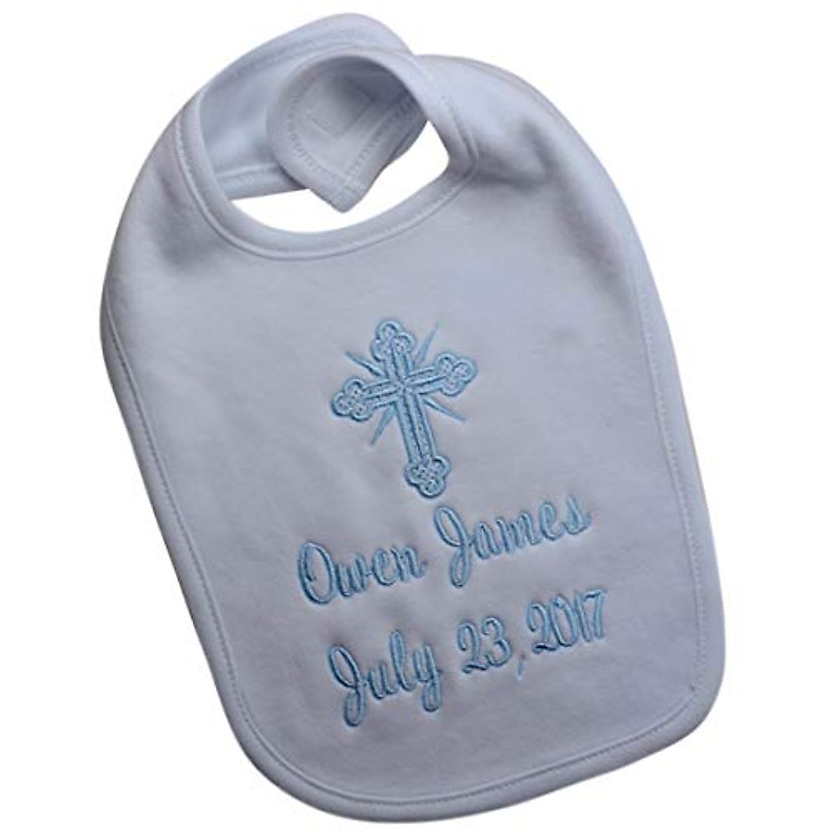 Funny Girl Designs Christening Bib for Baby Boys Personalized with Baptism Date and Name in LIGHT BLUE THREAD