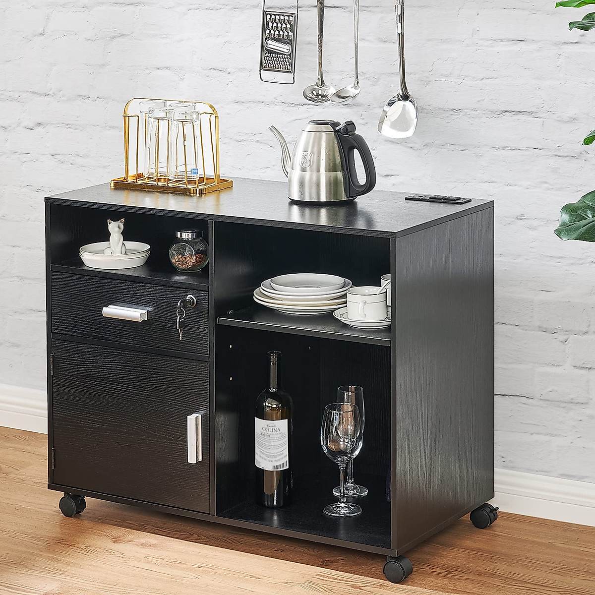 ANWBROAD Mobile File Cabinet with Charging Station & USB Ports, Rolling Printer Stand Filing Cabinets Lockable Storage Cabinet with Open Storage Shelves Drawers Home Office UBJG001H