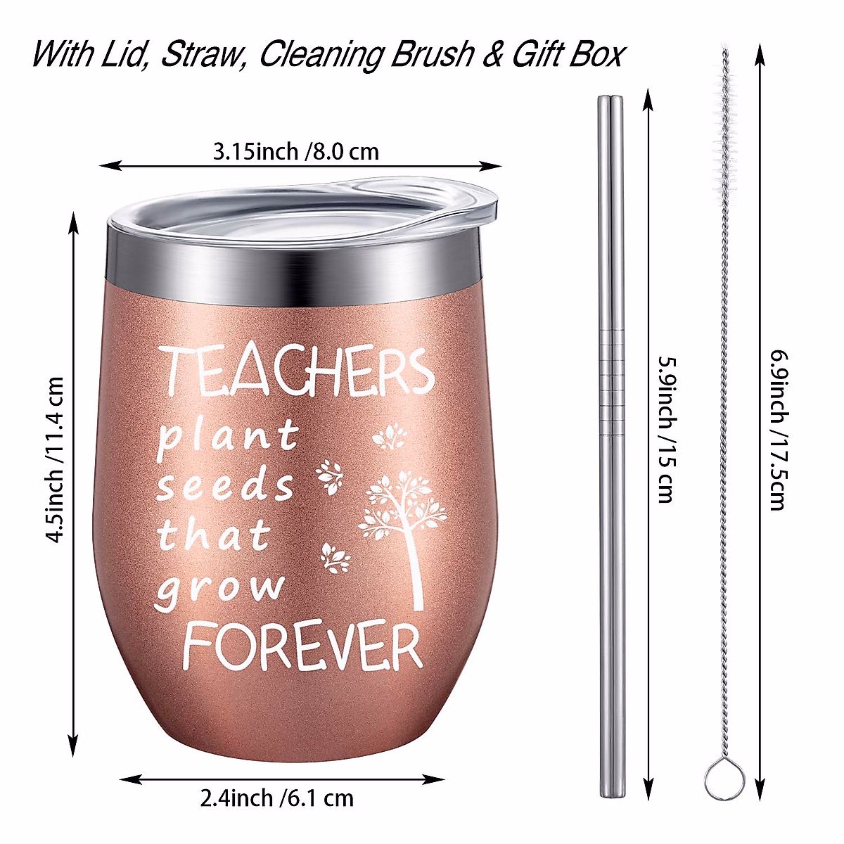 Boao 4 Pieces Teacher Gifts Wine Tumbler Set Teacher Appreciation Gifts, Funny Thank You Birthday Graduation Christmas Gifts for Teachers Professors, 12oz Coffee Mug with Lid Straw (Rose Gold)