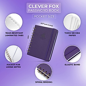 Clever Fox Password Book Spiral – Mini Internet Address & Password Organizer with Laminated Alphabetical Tabs – Small Password Keeper Journal – Hardcover, Pocket Size, 4.7x5.7” (Purple)