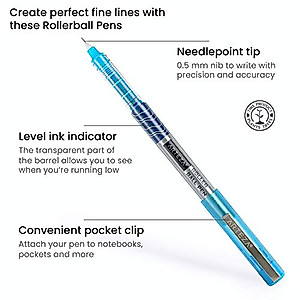 ARTEZA Rollerball Pens Fine Point, Set of 24 Colored Pens with Liquid Ink, Extra Fine 0.5 mm Needle Tip Pen, Make Precise Lines, Office Supplies for Writing, Notetaking, and Drawing