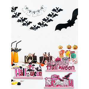 3 pcs Halloween Table Decor Wooden Centerpiece Signs- Happy Halloween Trick or Treat Boo Tabletop Signs with Witch Hat Goast Pumpkin for Home Party Office Desk Halloween Decorations Indoor