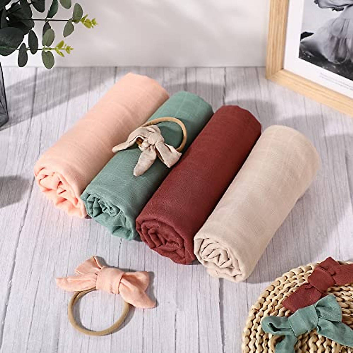 Tatuo 4 Pack Baby Swaddle Blanket Breathable Muslin Swaddle Blanket for Boys Girls, 4 Soft Elastic Baby Headbands with Hair Bows, 47 x 47 Inch Receiving Blanket for Newborn Infant(Light Color)