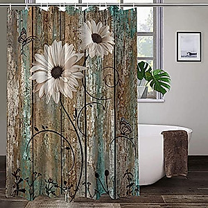 4 PCS Rustic Flower Shower Curtain Set with Non-Slip Rug,Toilet Lid Cover,U Shape Mat,Farmhouse Waterproof Fabric Shower?Curtains with 12 Hooks and Rug Mat Set for Bathroom,71''L
