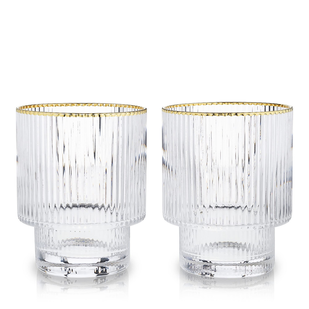 TRUE Viski Meridian Lowball Glasses Set of 2 - Premium Crystal Clear Vintage Drinking Tumblers for Whiskey, Scotch & Bourbon in Art Deco Ripple Glassware Design, Gold Rimmed Gift Set, 12 oz.