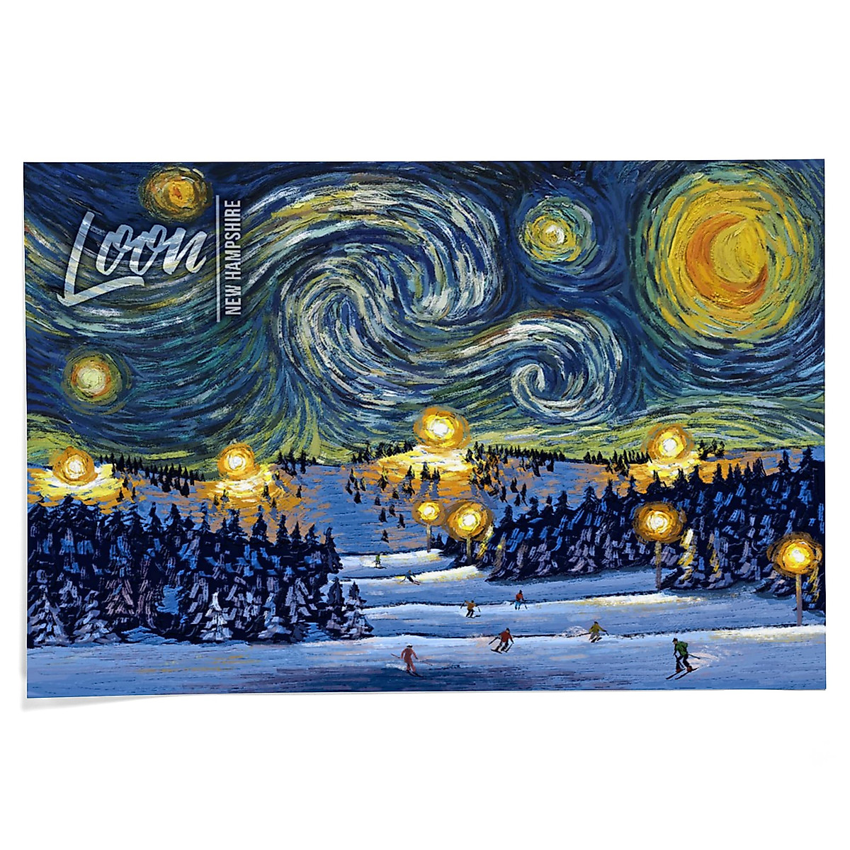 Lantern Press 24x36 Inch Giclee Art Print Wall Decor, Loon New Hampshire Ski Starry Night