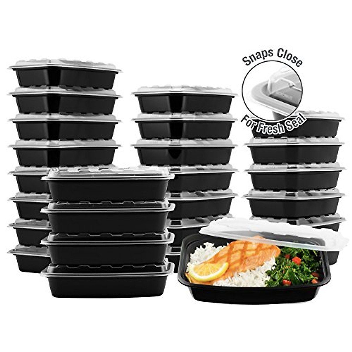 Snap Pak Plastic Food Storage, Meal Prep, Take-Out Delivery Container Rectangular, 25 Count (Pack of 1), Black Base/Clear Lid