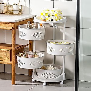 LOYALHEARTDY Rotating Storage Rack 4 Tier Round Mesh Baskets Storage Shelf Rack Adjustable Height Kitchen Storage Shelf with 5 Lockable Casters for Kitchen Bathroom Bedroom White