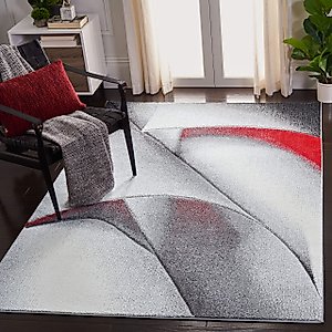 SAFAVIEH Hollywood Collection Area Rug - 5'3" x 7'6", Grey & Red, Mid-Century Modern Design, Non-Shedding & Easy Care, Ideal for High Traffic Areas in Living Room, Bedroom (HLW716Q)