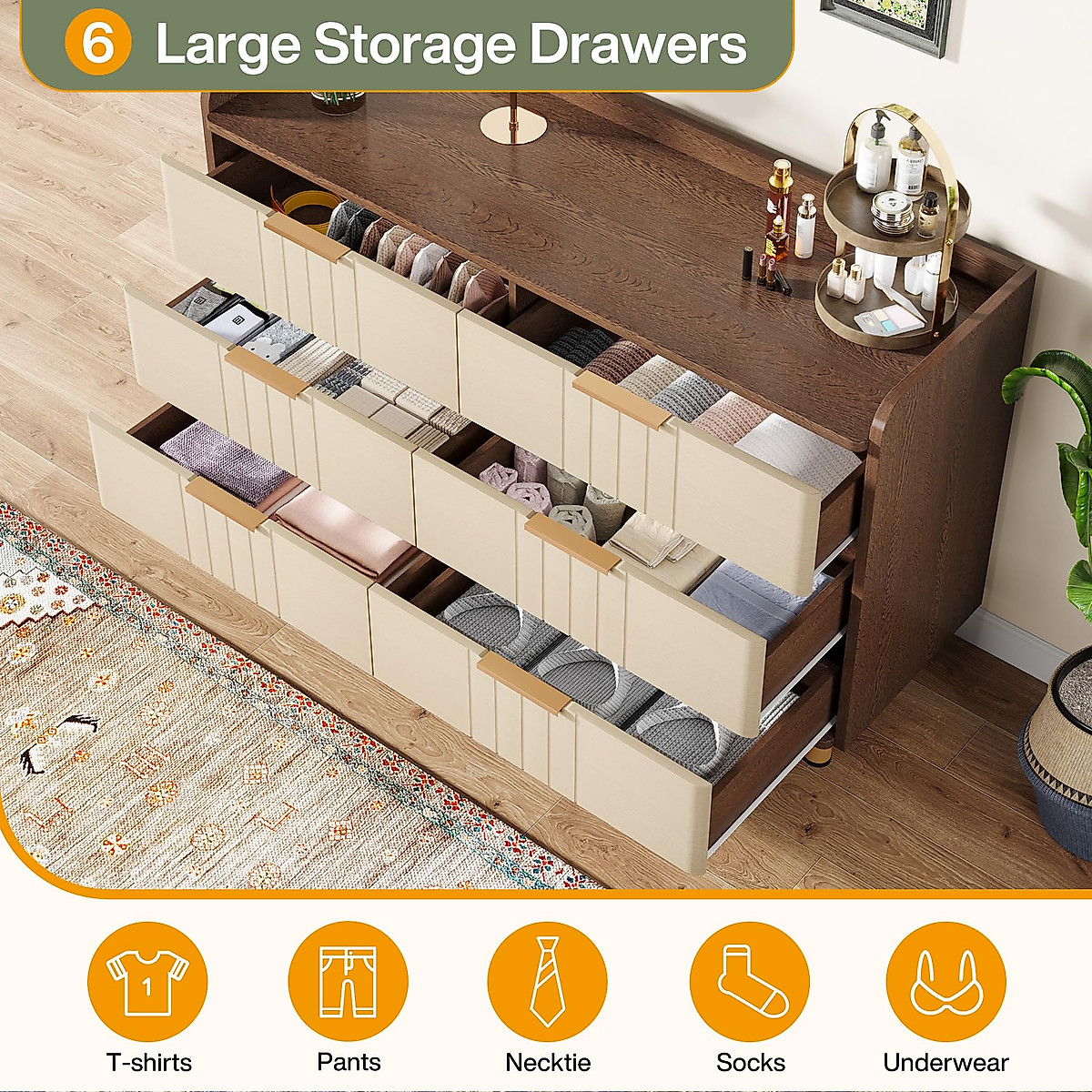 Tribesigns 6 Drawer Double Dresser, Modern Chest of Deep Drawers, Wooden Storage Dresser Organizer with Metal Handles & Sturdy Legs, Large Storage Cabinet for Bedroom, Living Room, Oak & Brown