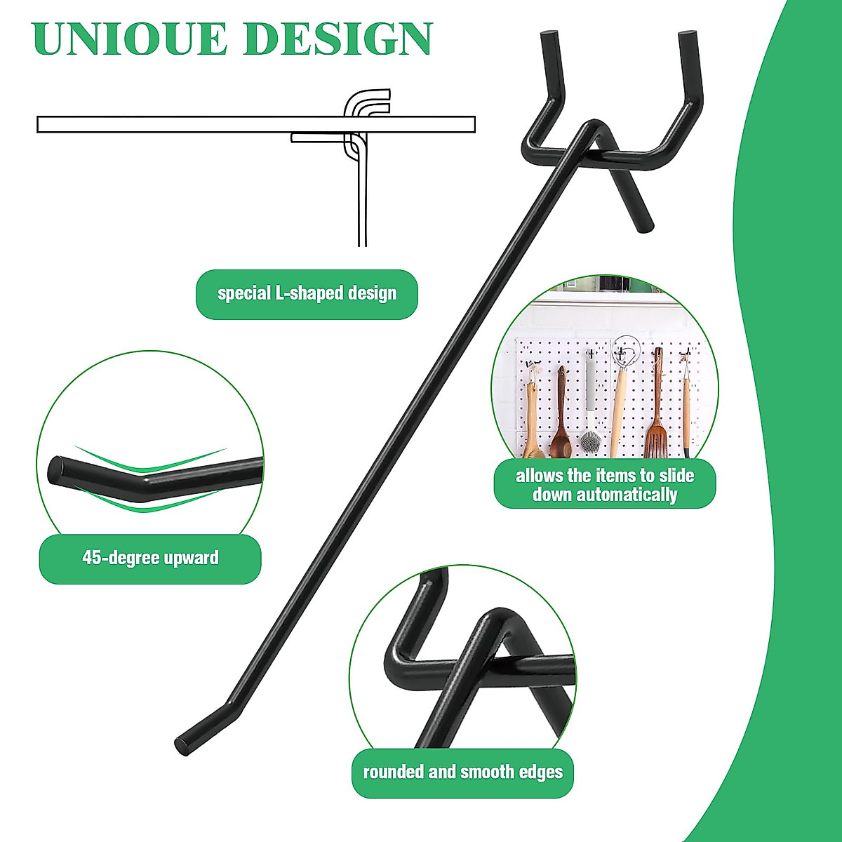 Yauhar 50Pcs 6"/15CM Pegboard Hooks Assortment Set, Metal Peg Board Hooks with 2.5mm Hole Pitch 4mm Wire Diameter Slatwall Hanging Hook for Garage Organization Wall Hanging (Black)