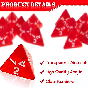 Juexica 48 Pcs Red D4 Dice Bulk Cone Transparent 4 Sided Dice 0.8 Inch Clear Red Dice Polyhedral Tiny Dice Mini Dice Set Role Playing Dice for Party Table Games Toys