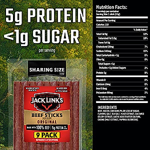 Jack Link's Beef Sticks, Original – Protein Snack, Meat Stick, Made with 100% Beef, No Added MSG** – 7.2 Oz.