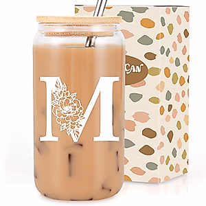 Coolife Initial Glass Cup, Monogrammed Gifts for Women, 16 oz Glass Cups w/Lids Straws, Iced Coffee, Smoothie, Beer Glass Tumbler w/Straw Lid - Personalized Mothers Day, Birthday Gifts for Her Mom