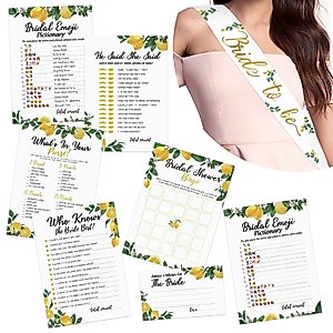 Lemon Bridal Shower Game with Bride to Be Sash-Set of 6 Activities Lemonade Bridal Shower Bachelorette Before Wedding Game for 50 Guests- 300 Cards Total, 50 Per Game, Gold