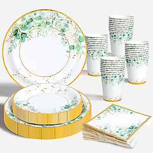 Sage Green Paper Plates and Napkins, Green Party Plates Supplies, Disposable Tableware Paper Plates, Cups, Napkins for Boy Baby Shower, Jungle Safari Boho Party Supplies,Bridal Shower,Serves 24